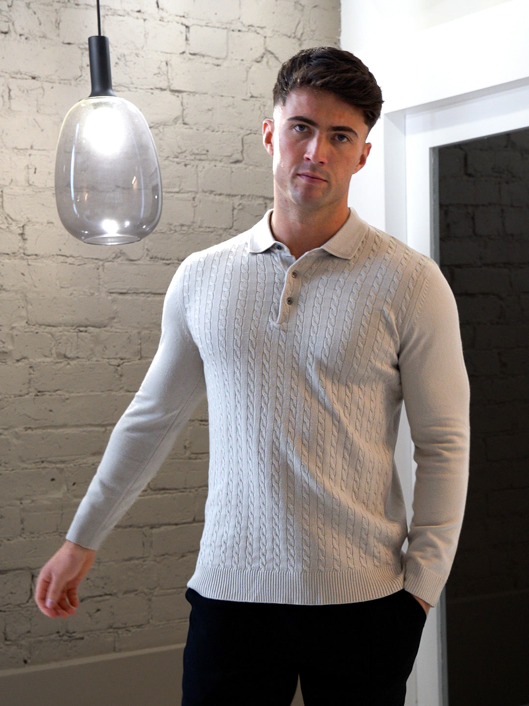 Long sleeve button up polo - Beige – Cali-clothing.com