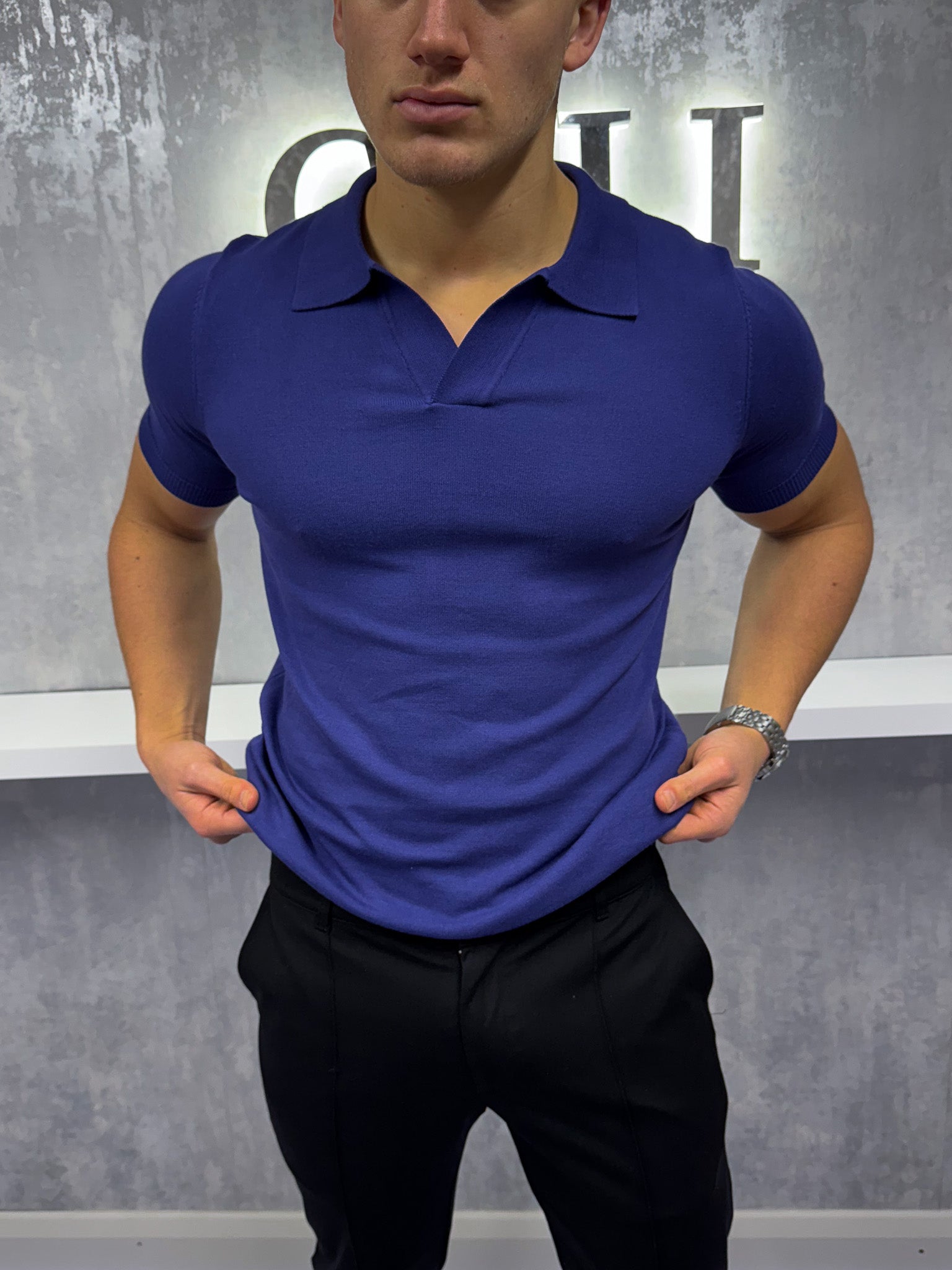 Cuban Collar Polo Shirt - Navy – Cali-clothing.com