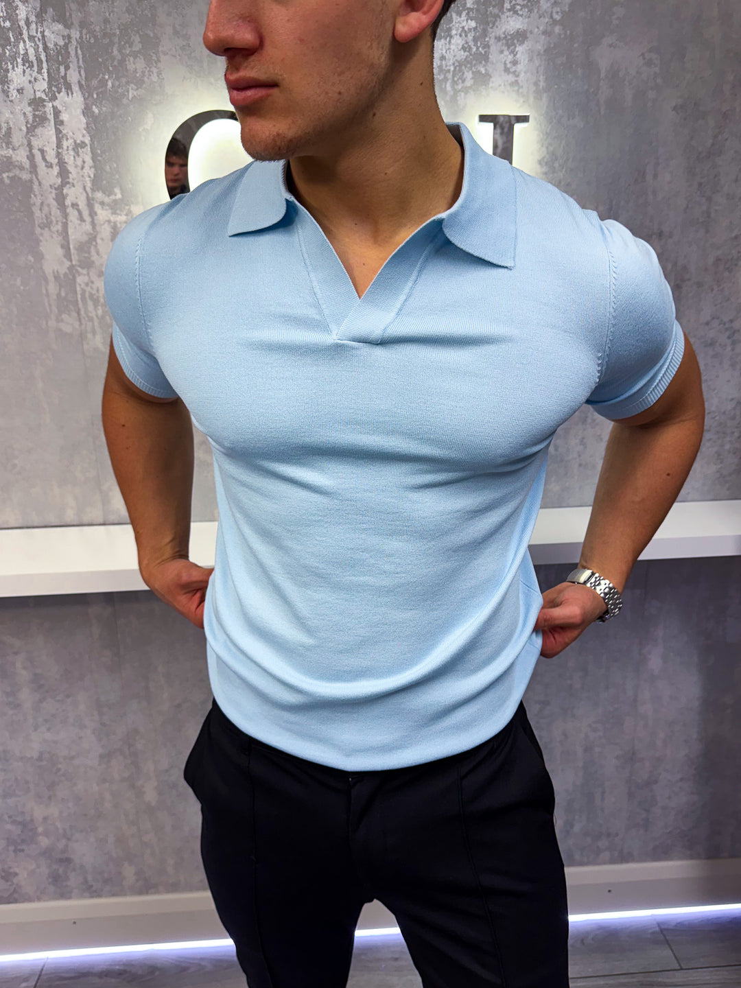 Cuban Collar Polo Shirt - Baby Blue – Cali-clothing.com