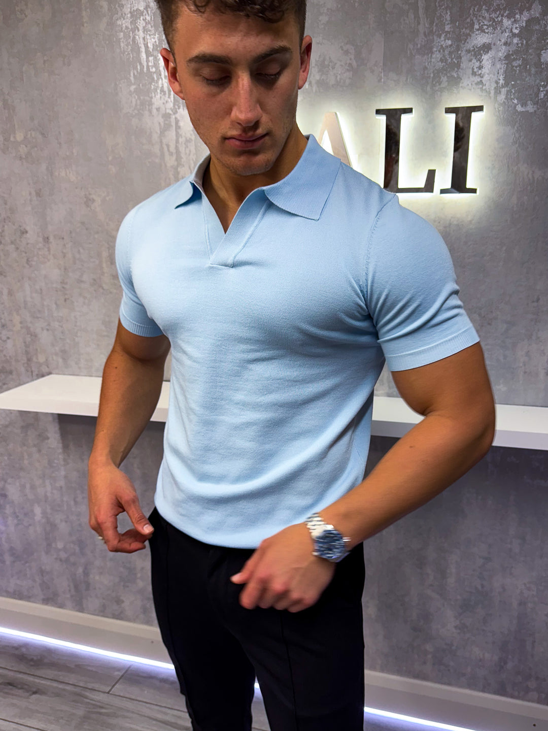 Cuban Collar Polo Shirt - Baby Blue – Cali-clothing.com